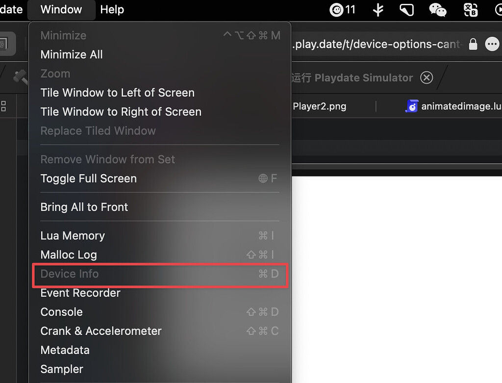Cannot enable the "Device Info" window of Simulator - Playdate Developer Forum
